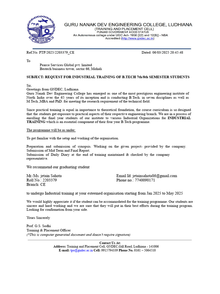 Pearce Training Letter | PDF