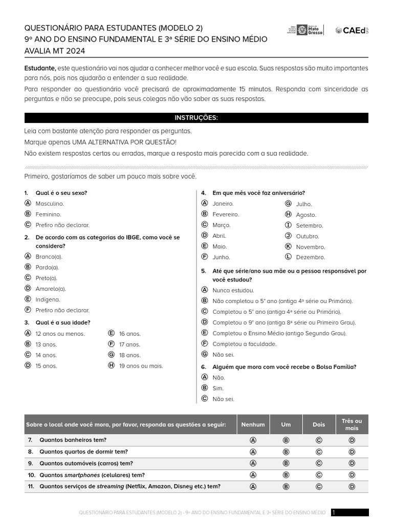Avalia MT 2024 - Quest Estudante 9ef 3em - 02 | PDF | Livros | Celulares