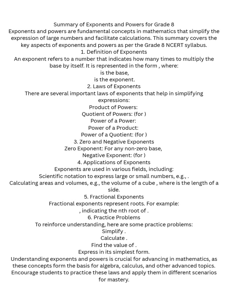 Summary of Exponents and Powers for Grade 8 Exponents and Powers Are ...