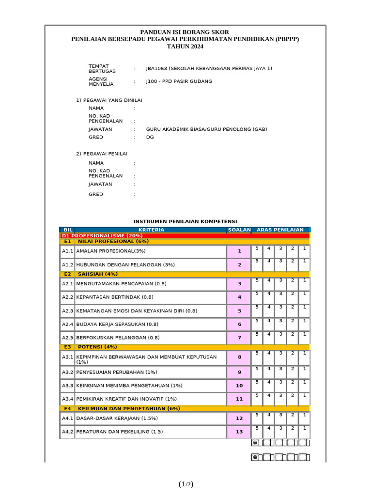 Borang Skor PBPPP | PDF