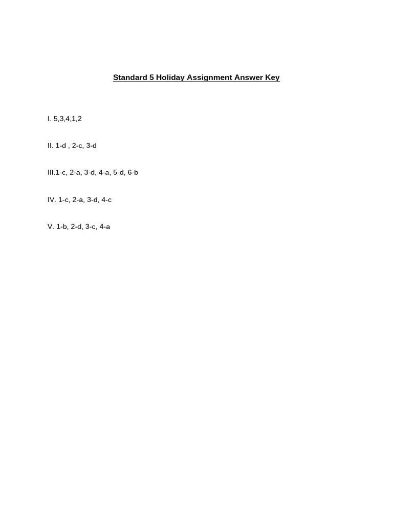 Standard 5 Holiday Assignment Answer Key | PDF