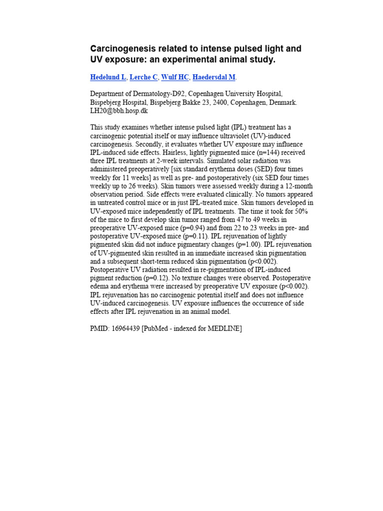 Carcinogenesis Related To Intense Pulsed Light and UV Exposure | PDF