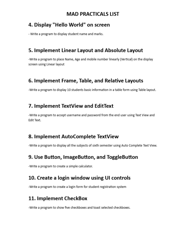 MAD Practicals Programming Tasks | PDF