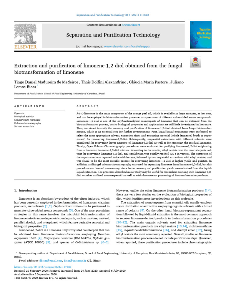 Extraction and Purification of Limonene-1,2-Diol Obtained From The ...