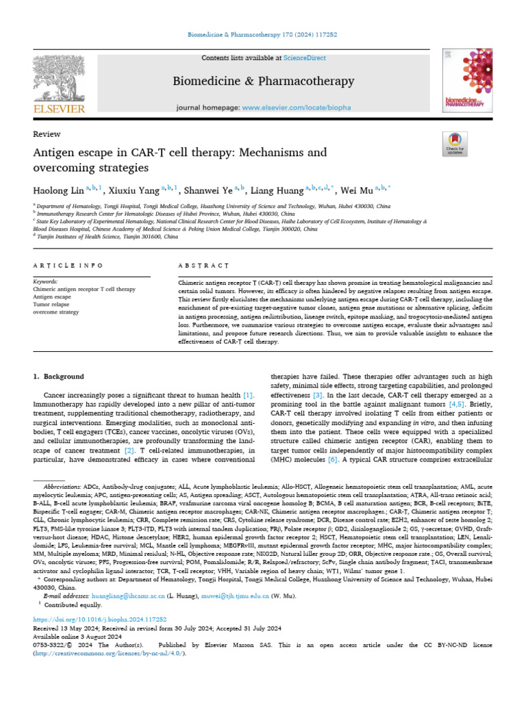 Antigen Escape in CAR-T Cell Therapy Mechanisms and | PDF | Antigen | B ...