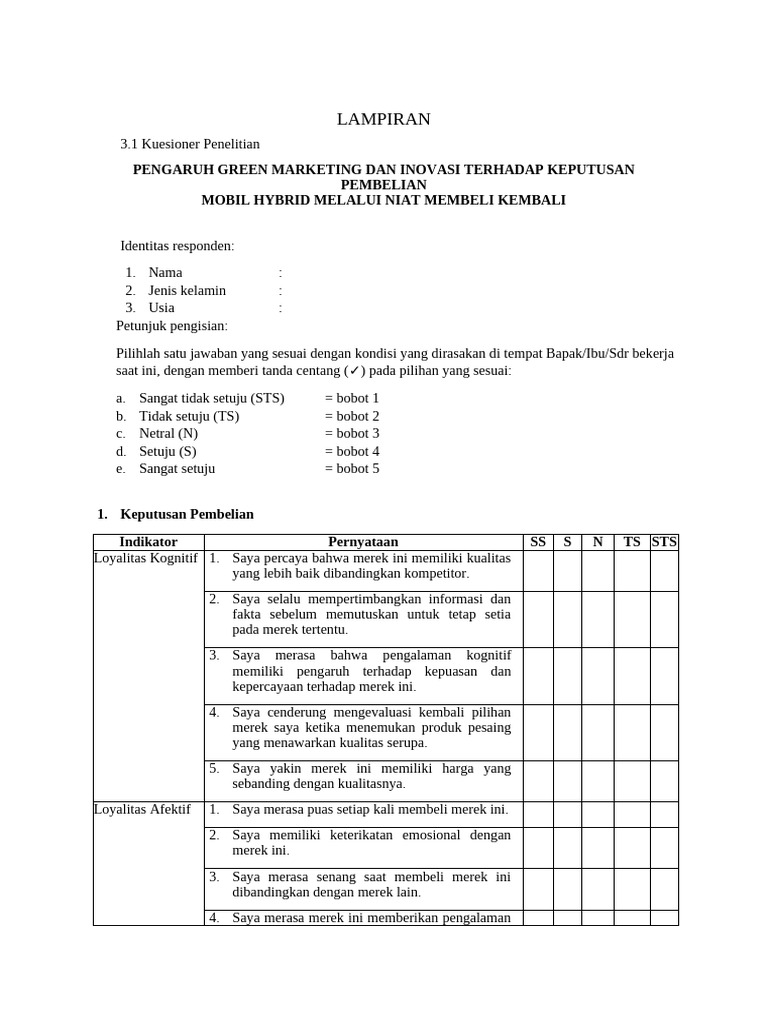 Contoh Format Kuesioner | PDF