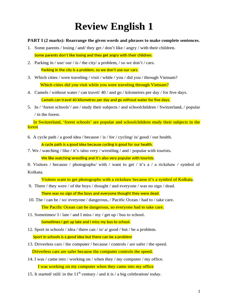 Review English 1 Final Test With Keys (Part 1) | PDF