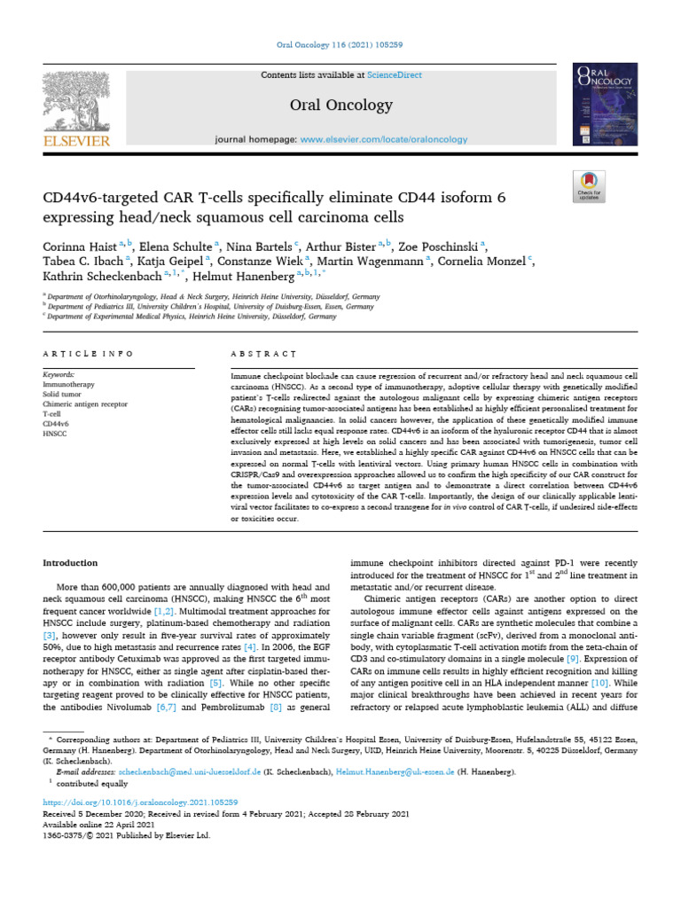 CD44v6 targeted CAR T cells specifically eliminate CD44 isoform 6 | PDF | T Cell | Antigen