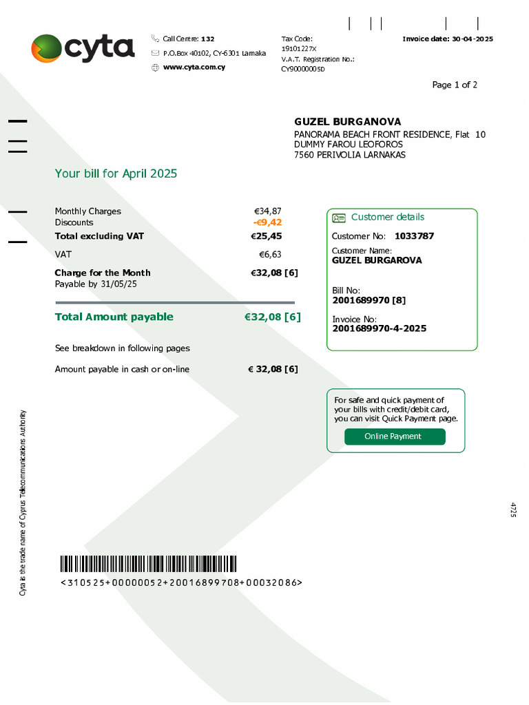 Cyta Bill Statement for April 2025 | PDF | Invoice | Value Added Tax