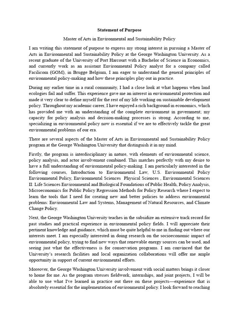 Statement of Purpose George Washington | PDF | Environmental Policy ...