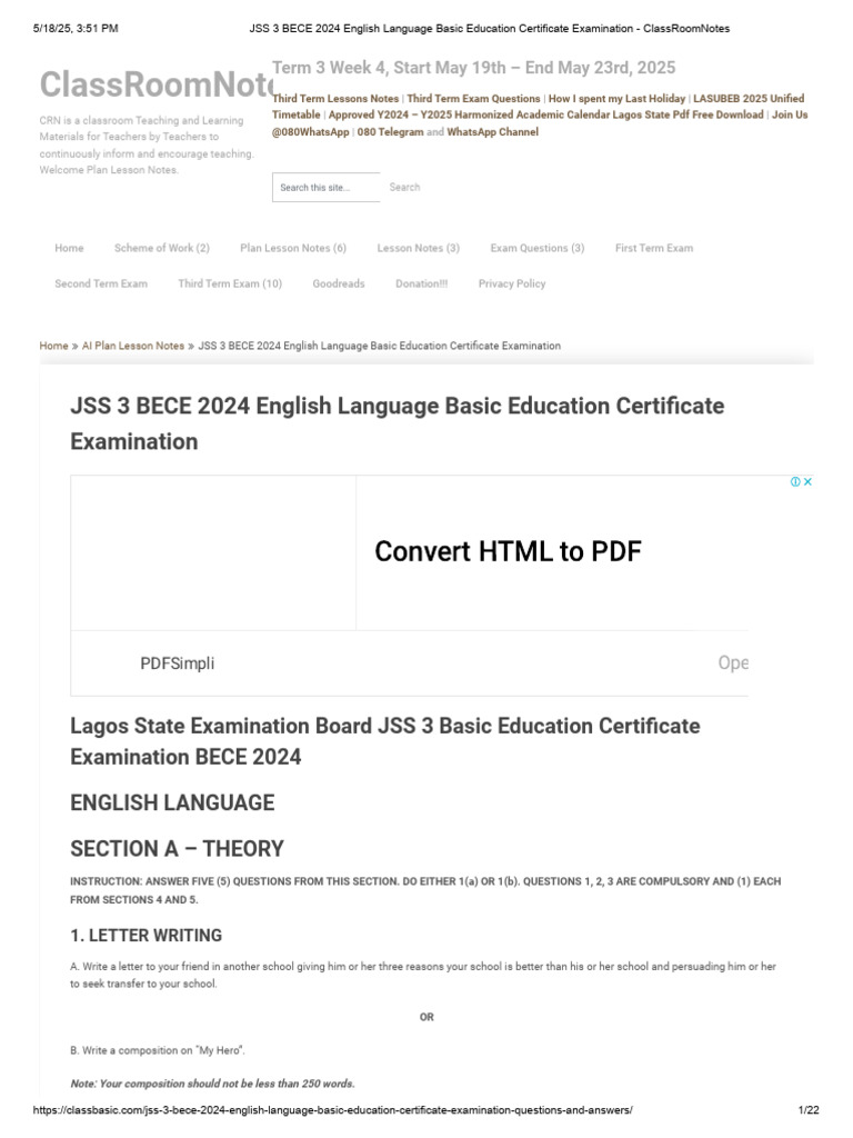 JSS 3 BECE 2024 English Language Basic Education Certificate ...