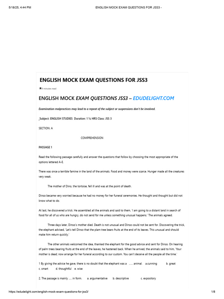 JSS3 English Mock Exam Questions | PDF | Ellipsis | Poetry