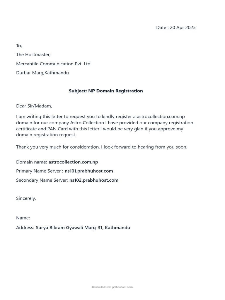 NP Domain Registration Cover Letter | PDF
