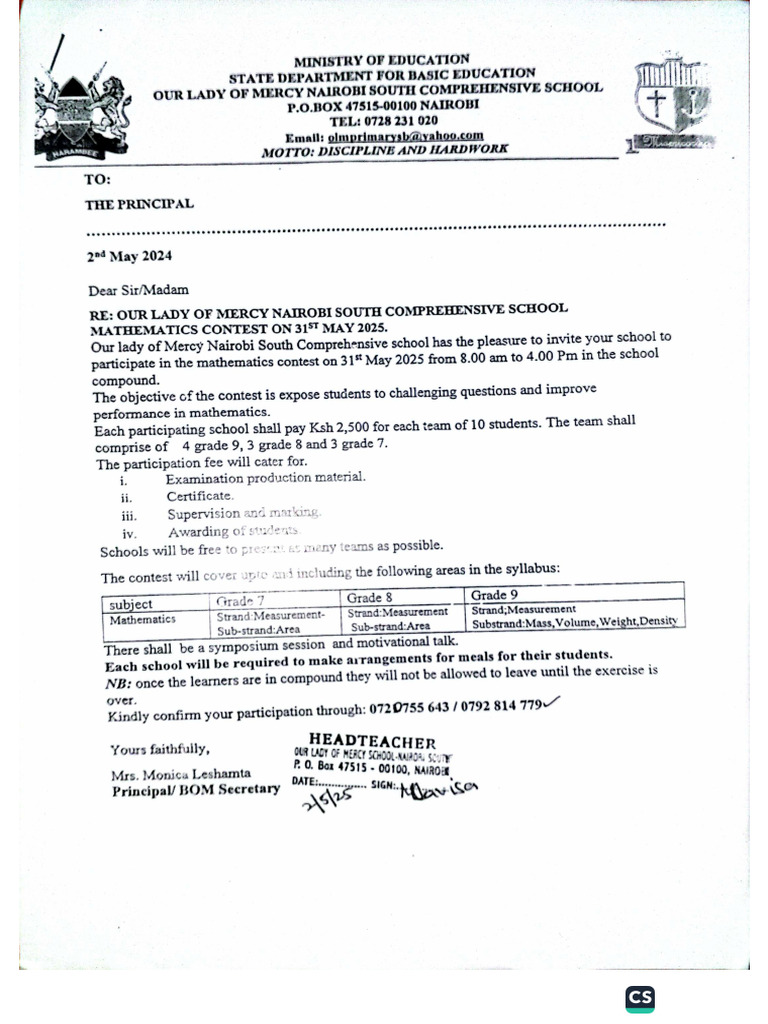 Invitation For Junior School Mathematic Contest. | PDF