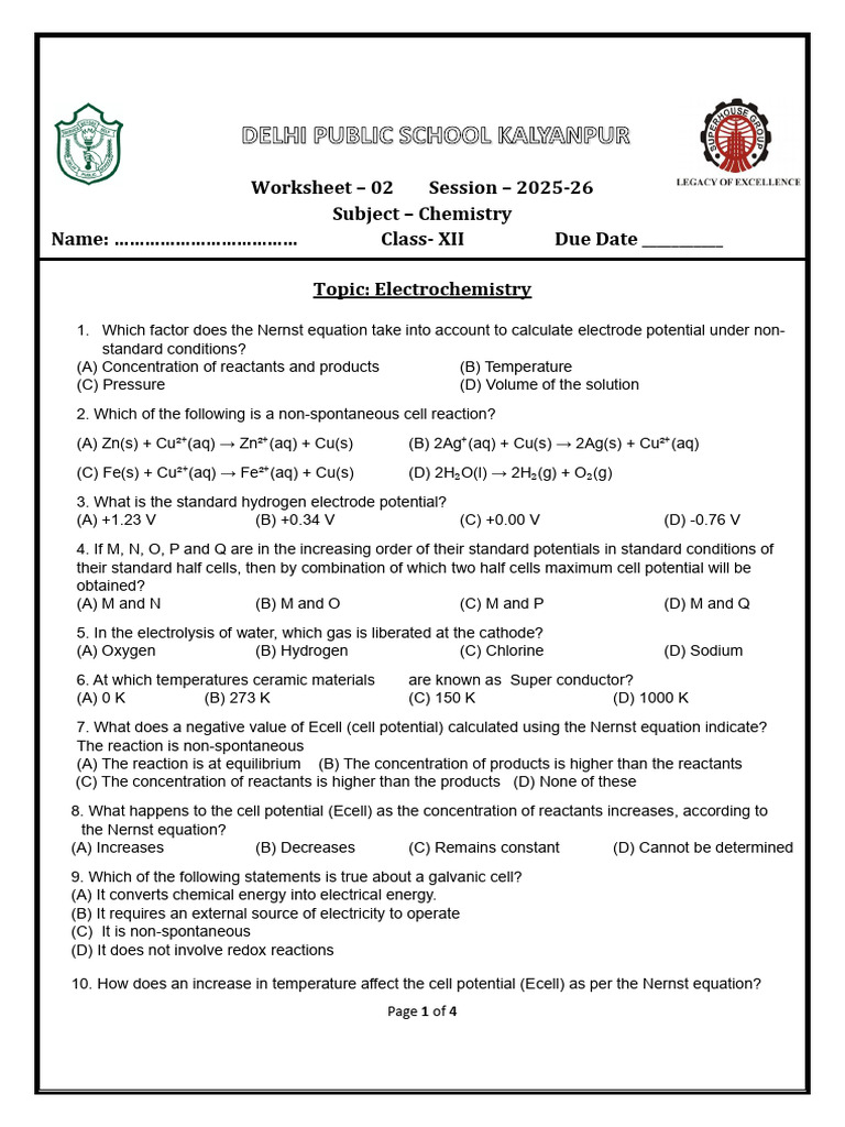 Electrochemistry Worksheet 25-26 | PDF | Electrochemistry | Materials
