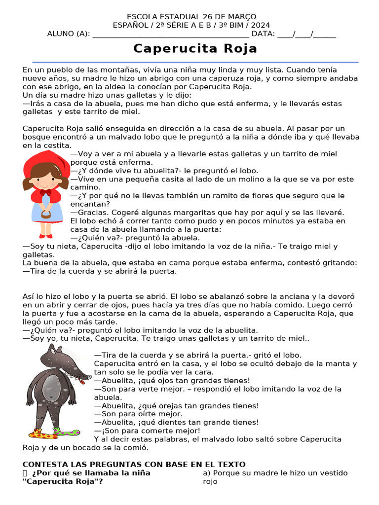 Caperucita Roja: Actividades de Comprensión | PDF | Caperucita Roja