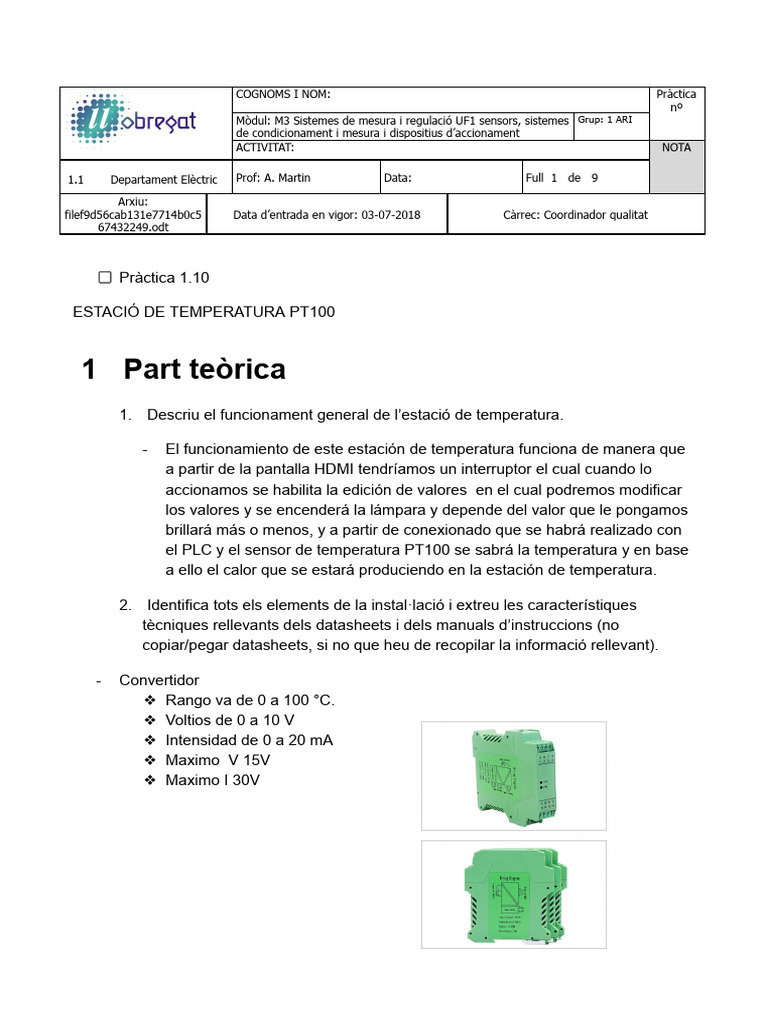 Practica 1 - 10 Estacio Temperatura PT100 | PDF