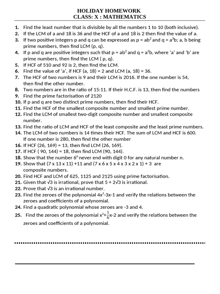Class X Maths Holiday Homework | PDF