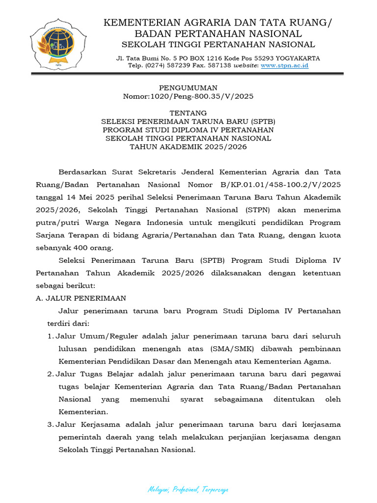 Pengumuman SPTB-STPN Tahun 2025 | PDF