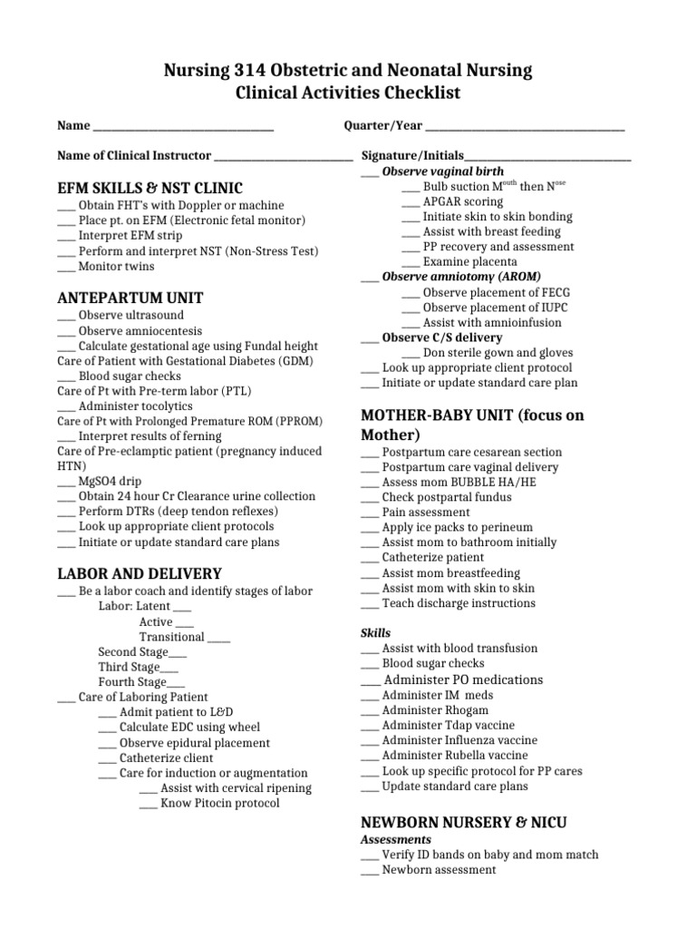 Nursing 314 Clinical Skills Checklist | PDF | Childbirth | Clinical ...
