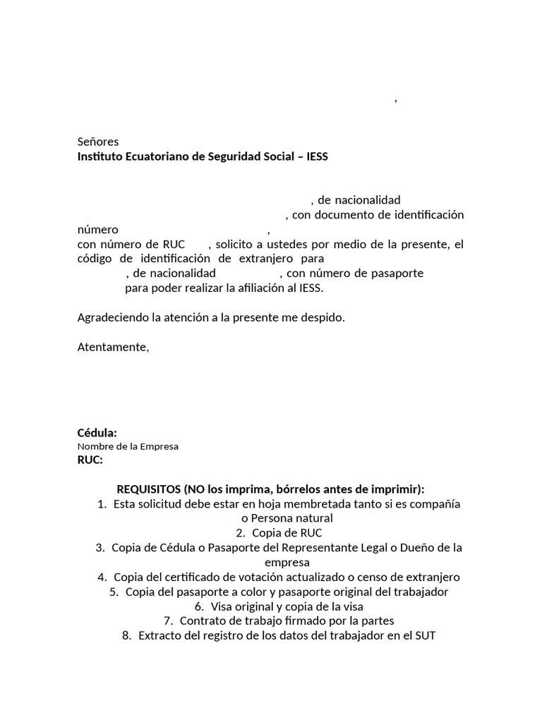 Solicitud Código Extranjero para Afiliación IESS | PDF