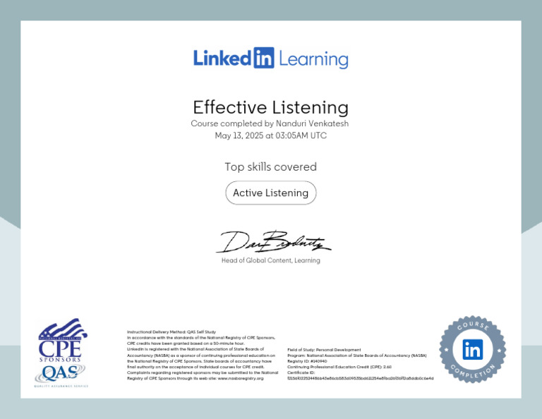 CertificateOfCompletion - Effective Listening | PDF