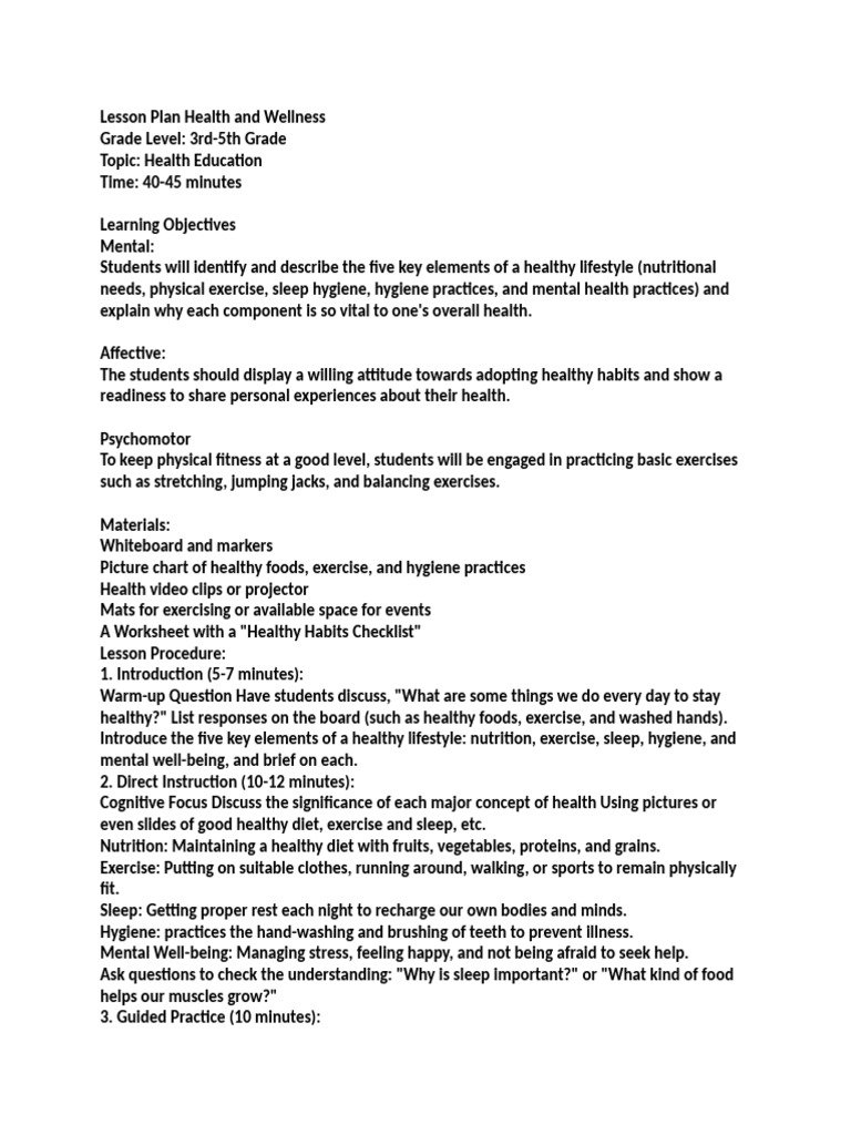 Lesson Plan Health and Wellness | PDF | Hygiene | Psychology