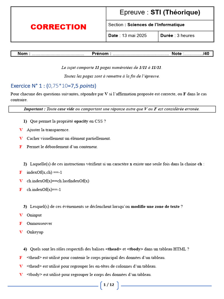 Correction STI Bac 2025 Informatique | PDF | JavaScript | Html