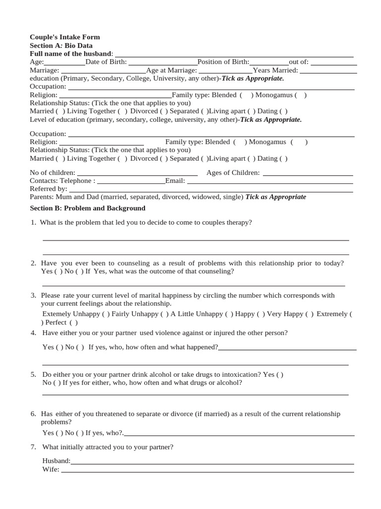 Couples Therapy Intake Form | PDF | Divorce | Marriage