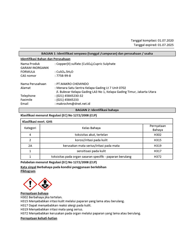 MSDS Tembaga Sulfat (CuSO4) | PDF