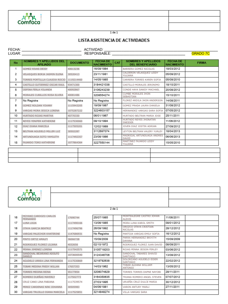 Formato Lista de Asistencia COMFACA 7C | PDF