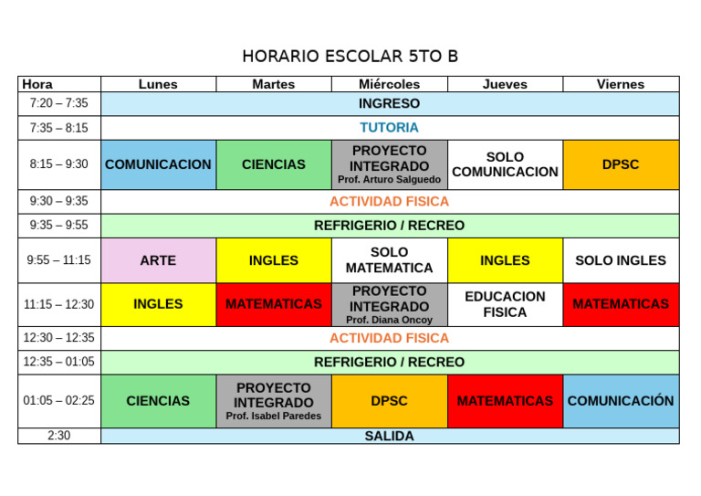Horario Escolar 5to B-1 | PDF