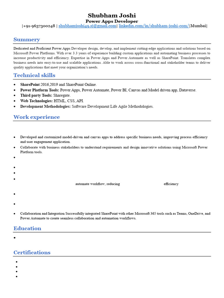Power Apps Developer Resume: Shubham Joshi | PDF | Software Development ...