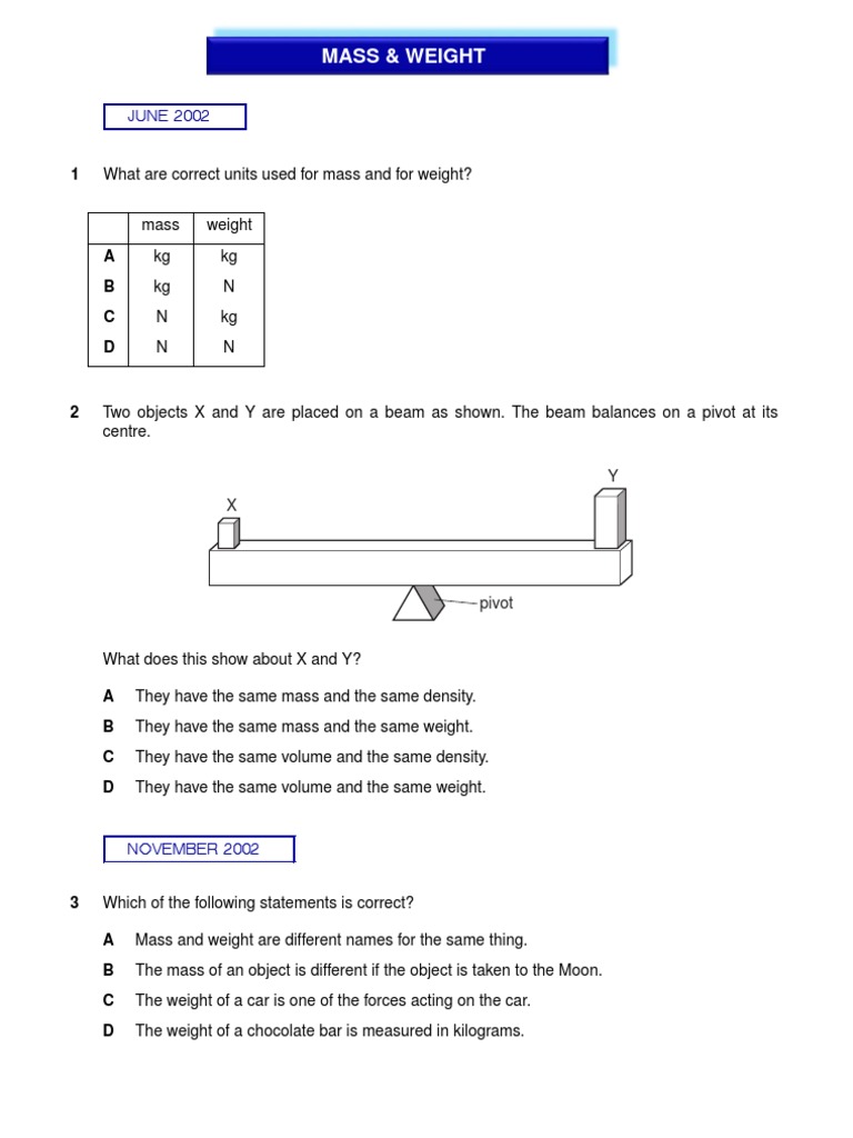Igcse Physics Mass Weight Pdf Weighing Scale Mass