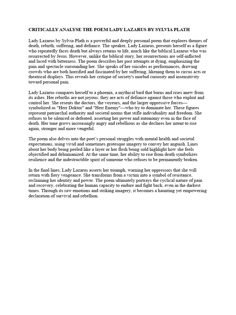 Analysis of Sylvia Plath's Lady Lazarus | PDF