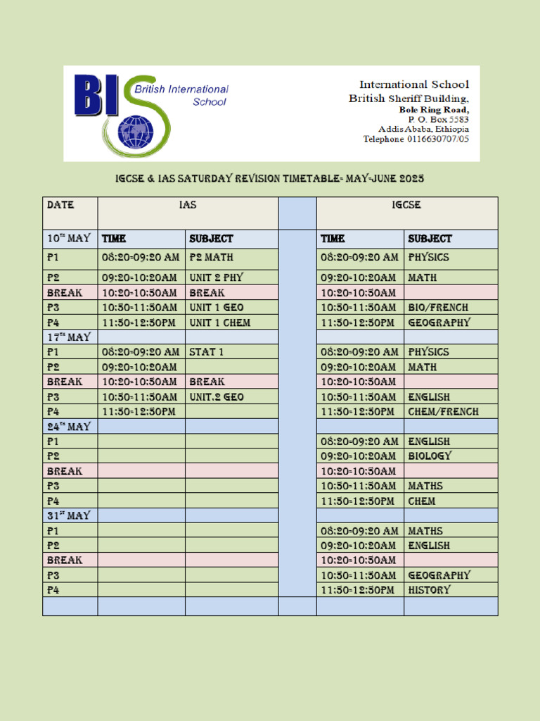 IGCSE & IAL Saturday Revision Timetable | PDF