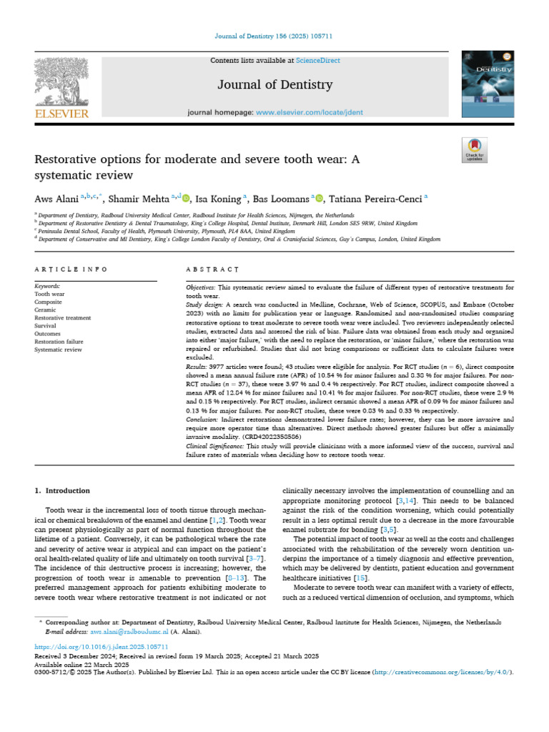 Restorative Options for Moderate and Severe Tooth Wear | PDF ...