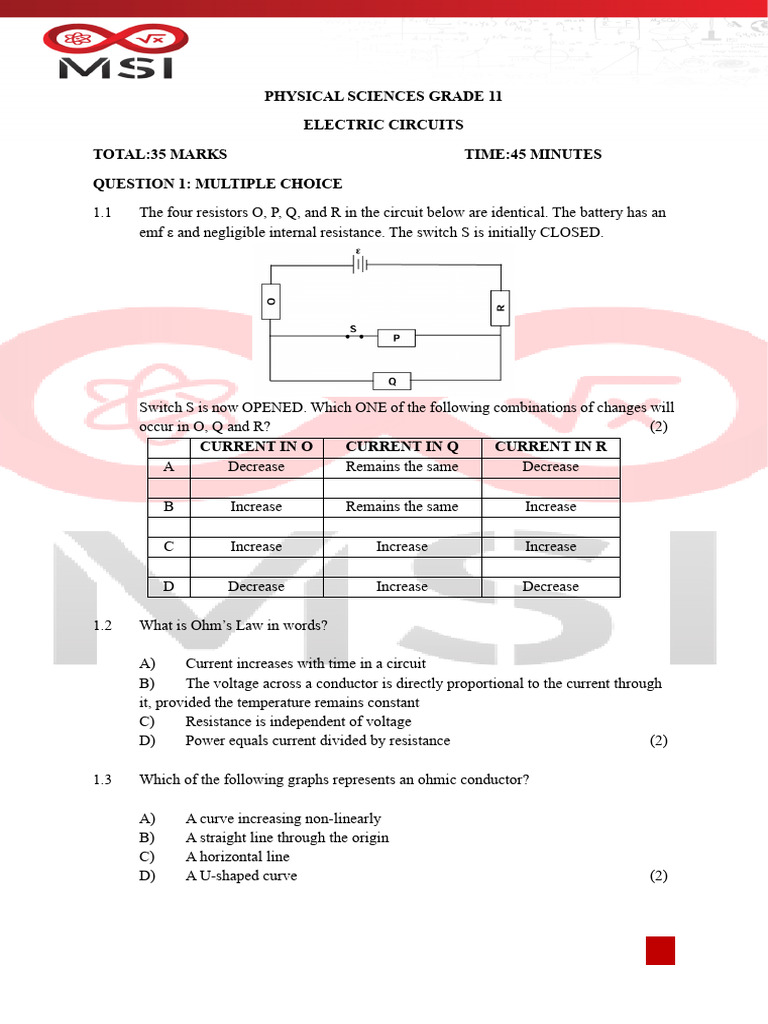 Grade 11 Electric Circuits Exam Guide | PDF | Manufactured Goods ...