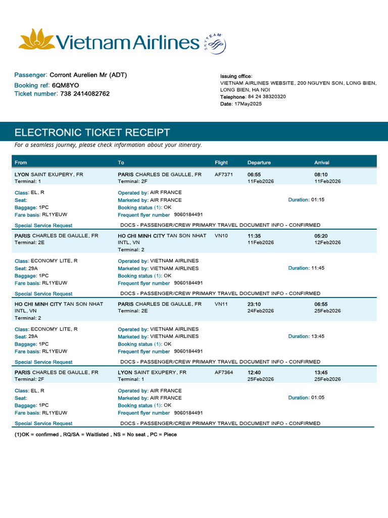 Electronic Ticket-EMD Receipt 11FEB For AURELIEN CORRONT | PDF | Aviation