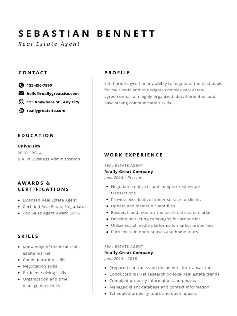 Real Estate Agent Resume: Sebastian Bennett | PDF