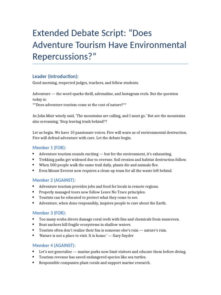 Extended Adventure Tourism Debate Script | PDF | Adventure Travel | Tourism