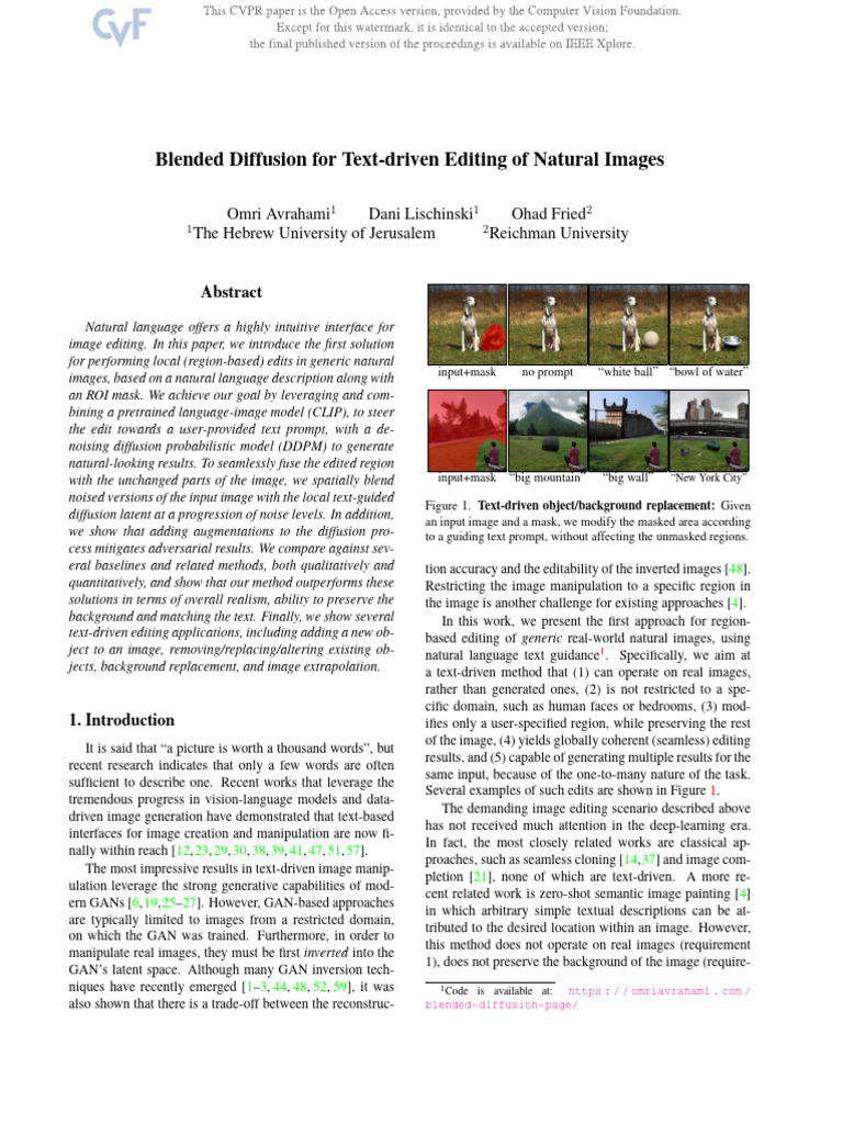 Avrahami Blended Diffusion For Text-Driven Editing of Natural Images CVPR 2022 Paper | PDF ...