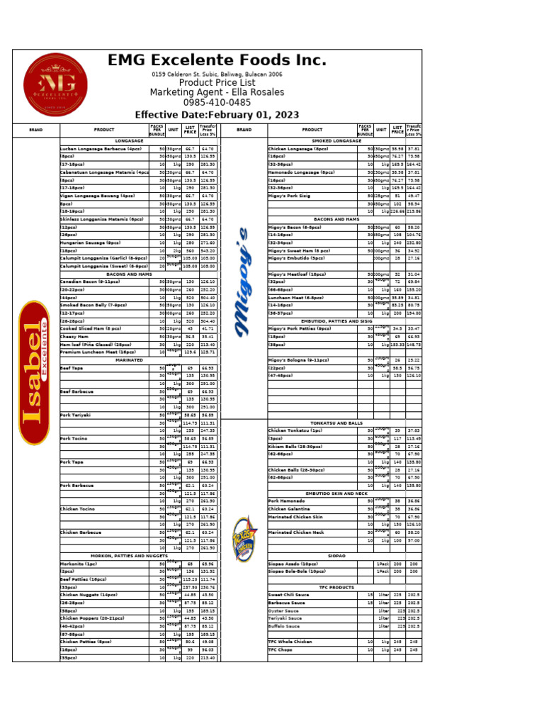 EMG Excelente Foods Price List 2024 | PDF | Bacon | Ham