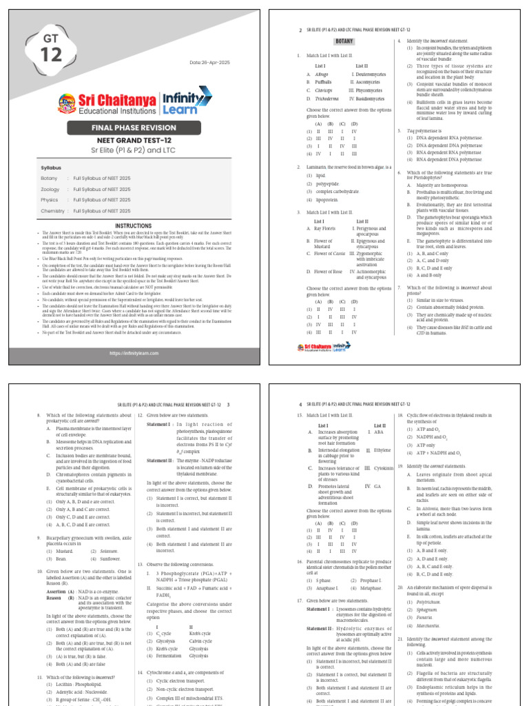 SR Elite (P1 & P2) and LTC Final Phase Revision NEET GT-12 - QP | PDF | Zygosity | Dominance ...