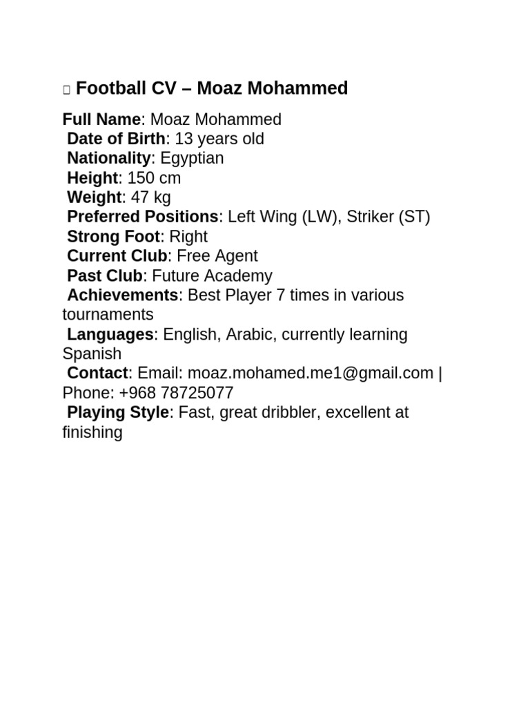 ? Football CV – Moaz Mohammed | PDF