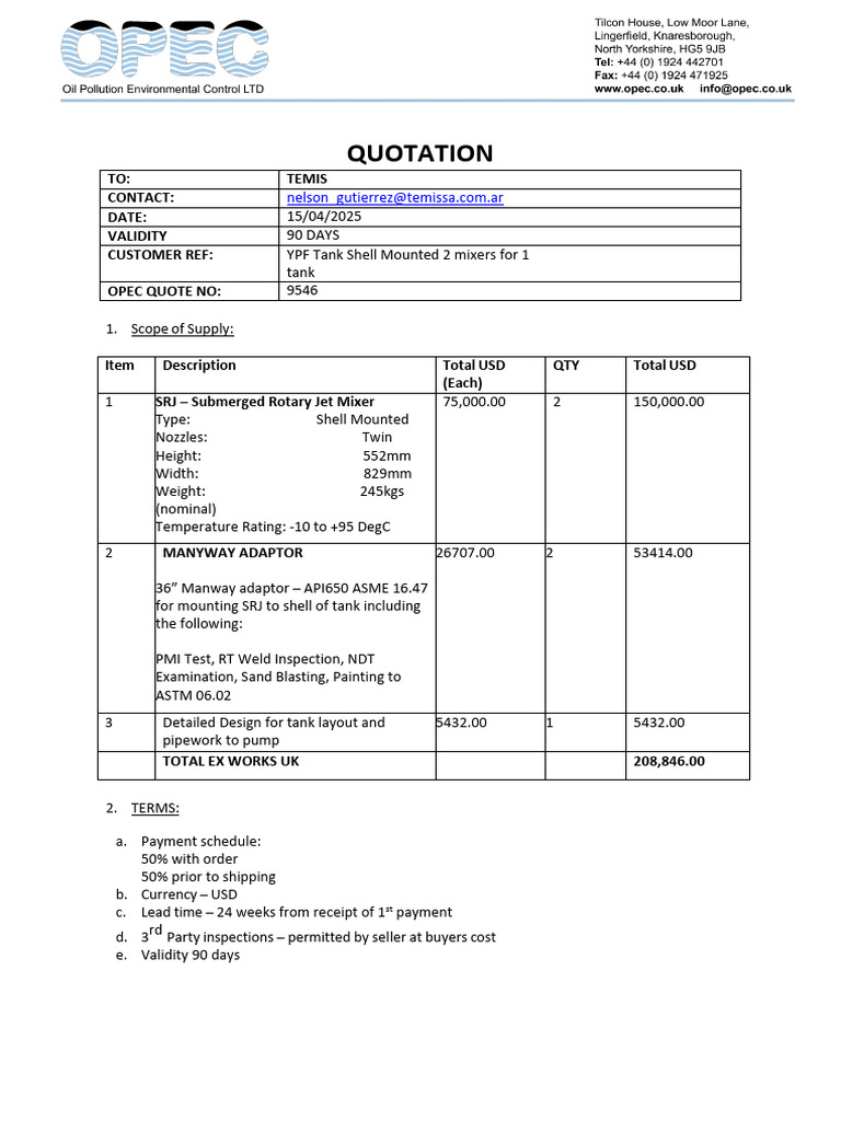 Quotation 9546 - Jet Mixers - Temis Argentina | PDF