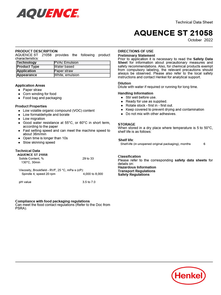 AQUENCE ST 21058 Technical Data Sheet | PDF | Legal Liability | Shelf Life