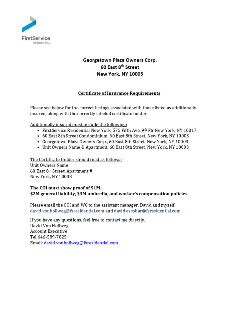 Georgetown Plaza - 60 East 8 ST - COI Requirements - 2022 | PDF