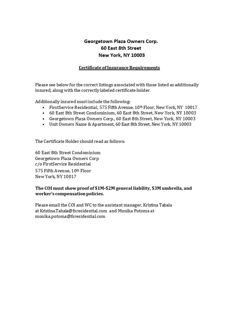 Georgetown - July 2024 COI Requirements | PDF