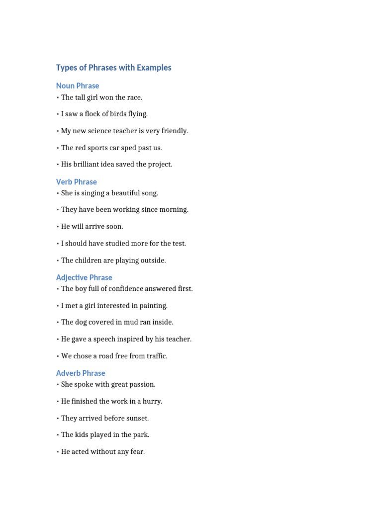 Types of Phrases With Examples | PDF